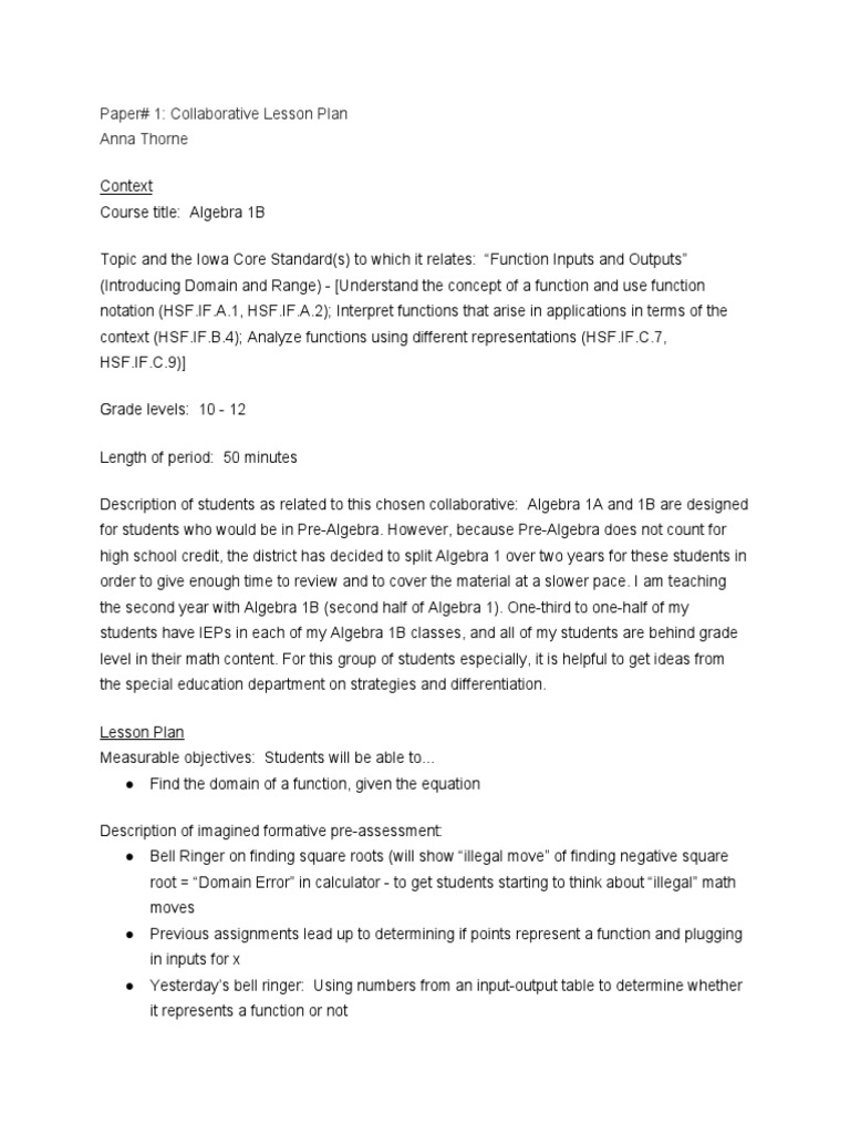 Algebra 1B Domain and Range Lesson Plan | PDF | Educational Assessment ...