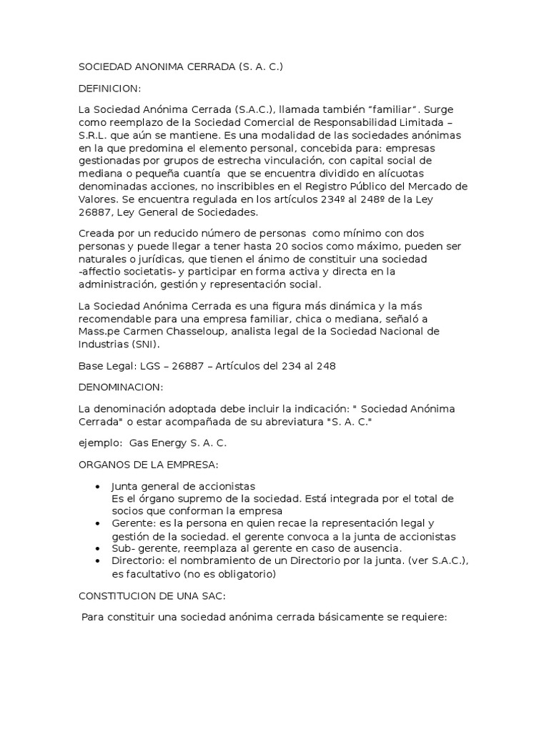 Características de la Sociedad Anónima Cerrada | PDF | Compañía de ...