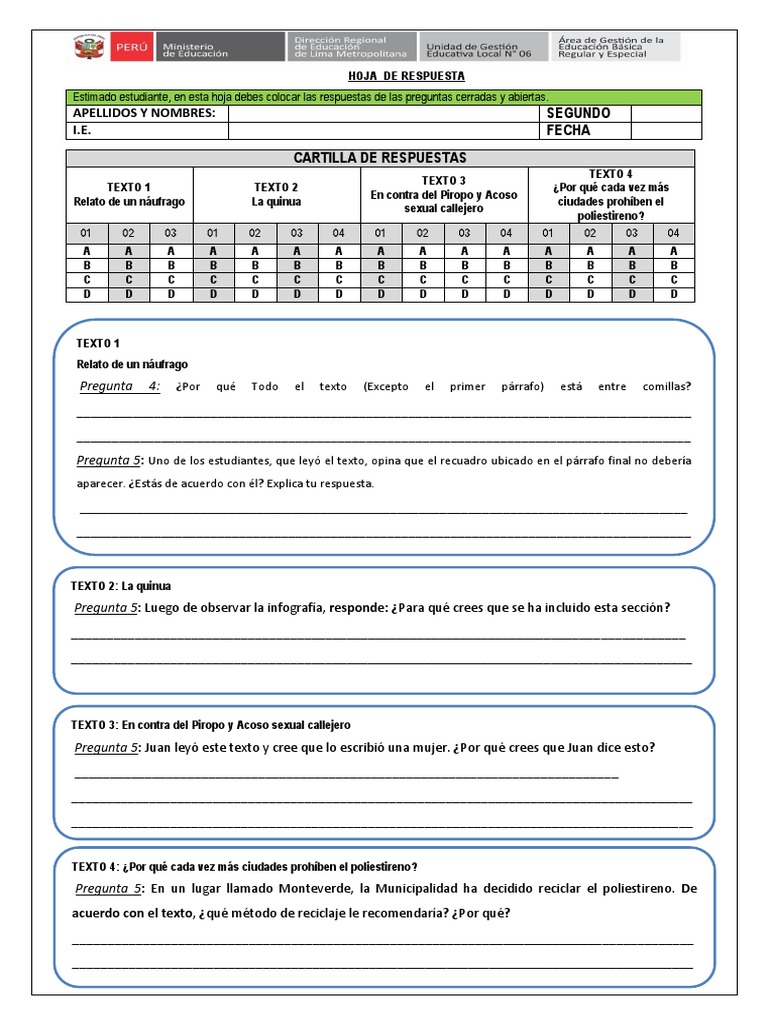 Cartilla de Respuestas Examen Admisión | PDF