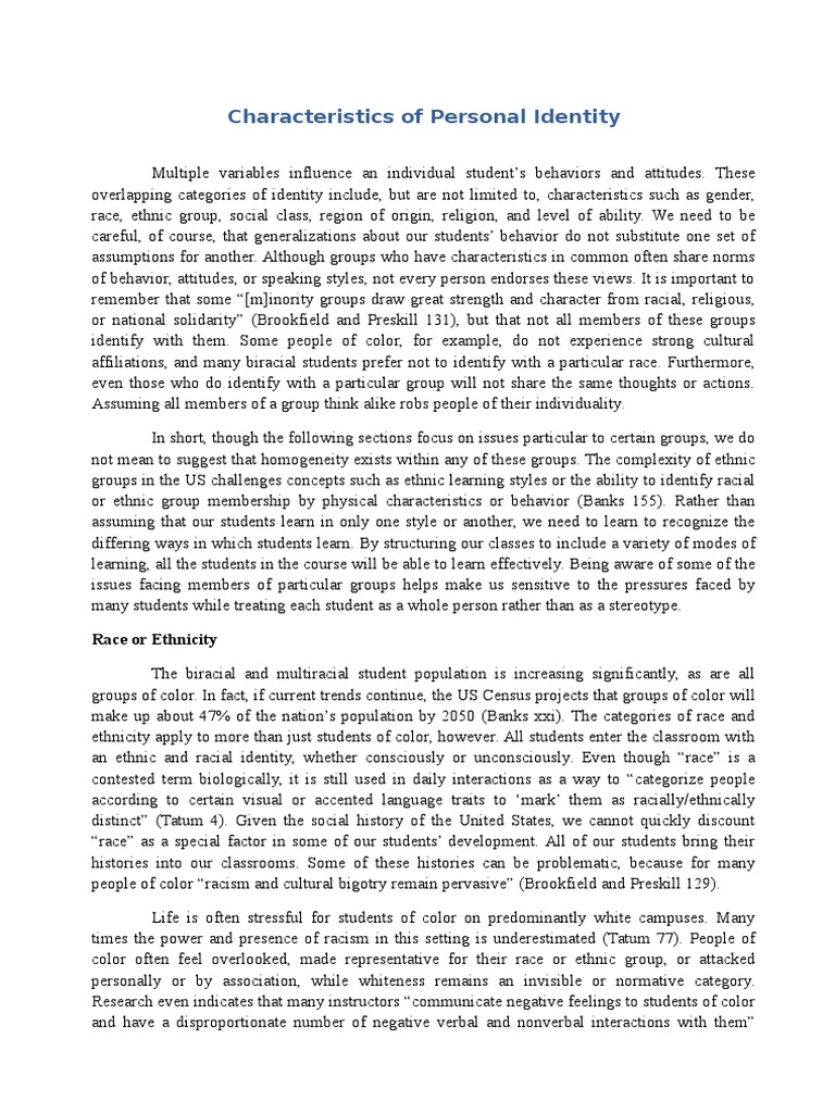 Characteristics of Personal Identity | PDF | Race (Human Categorization ...