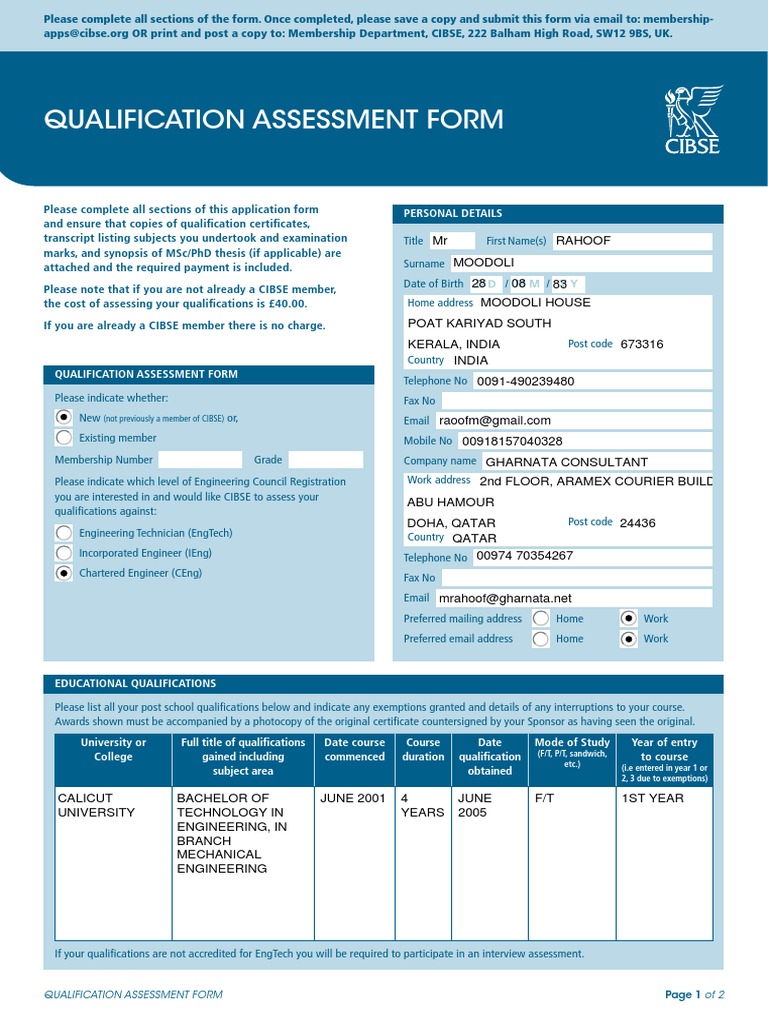 CIBSE Qualification Assessment Form | PDF | Debit Card | Visa Inc.