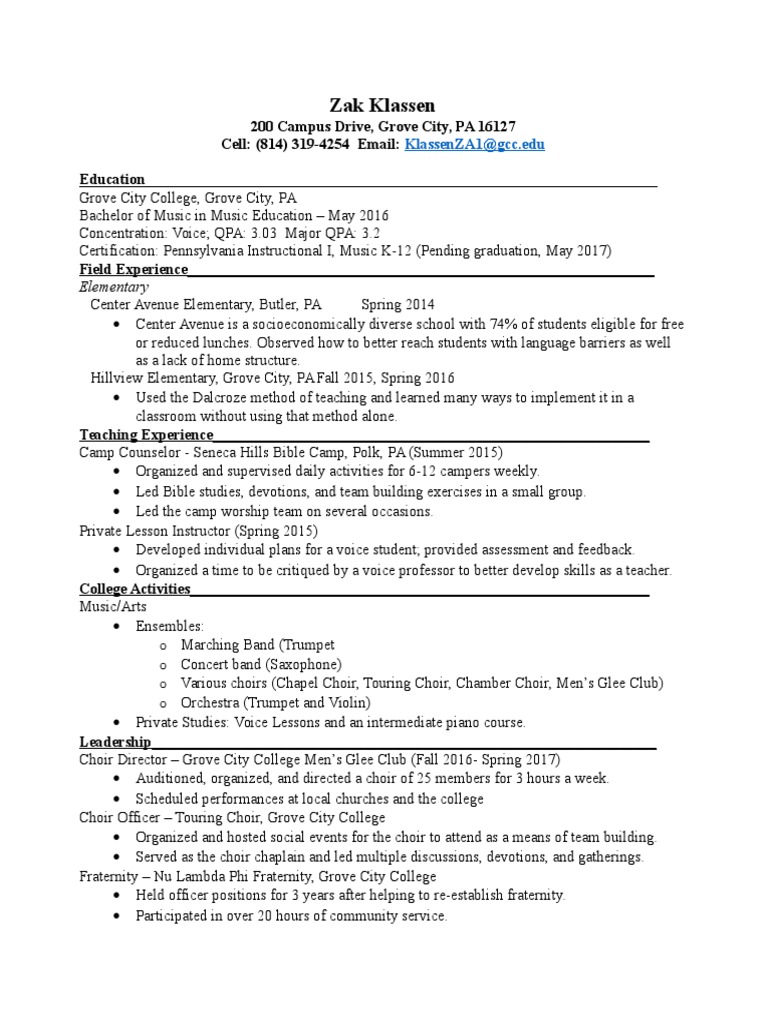 Zak Klassen: Music Education Resume | PDF