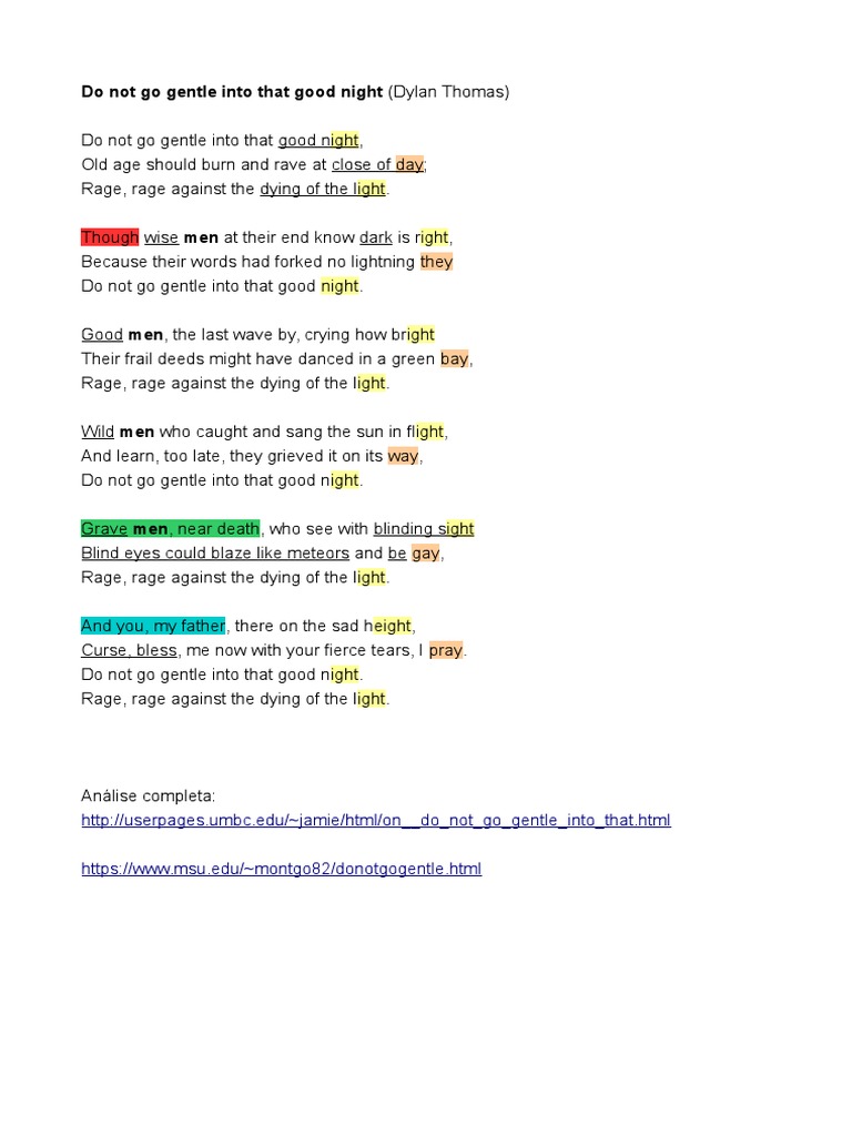 Do Not Go Gentle | PDF | Poetry | Rhyme
