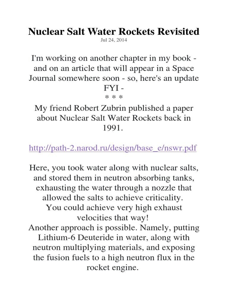 Nuclear Salt Water Rockets Revisited | PDF | Nuclear Physics | Nuclear ...