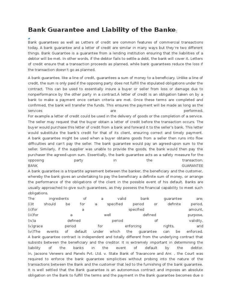 Bank Guarantee And Liability Of The Banker PDF Guarantee Letter