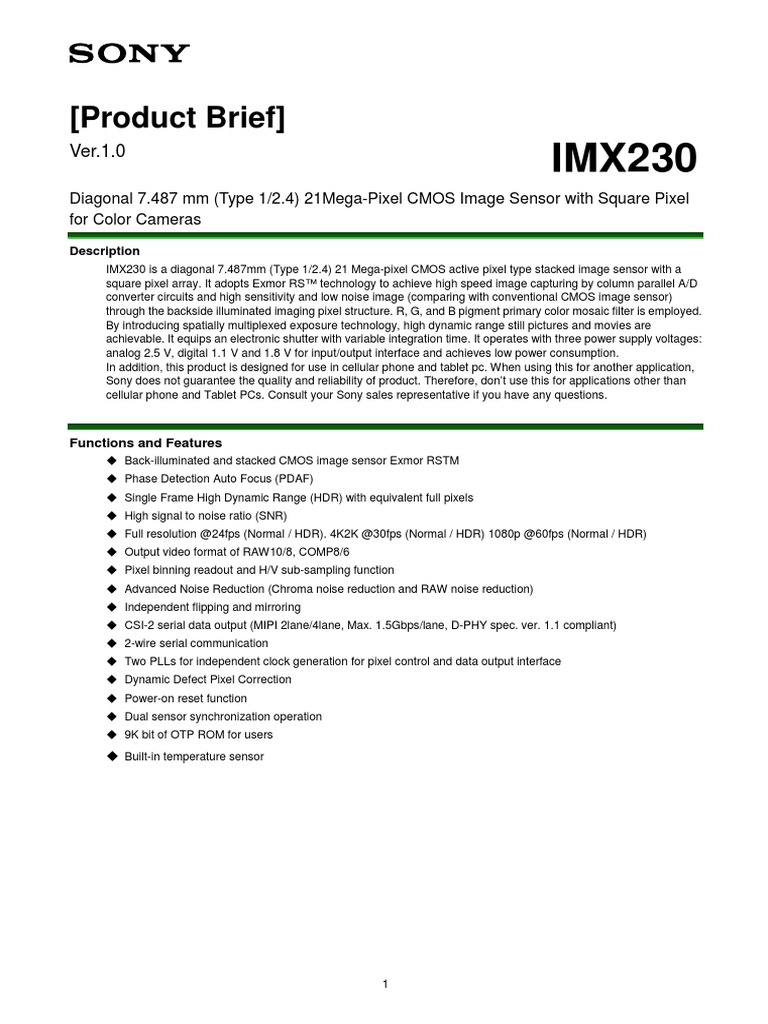 ProductBrief IMX230 20150427 | PDF | High Dynamic Range Imaging | Pixel