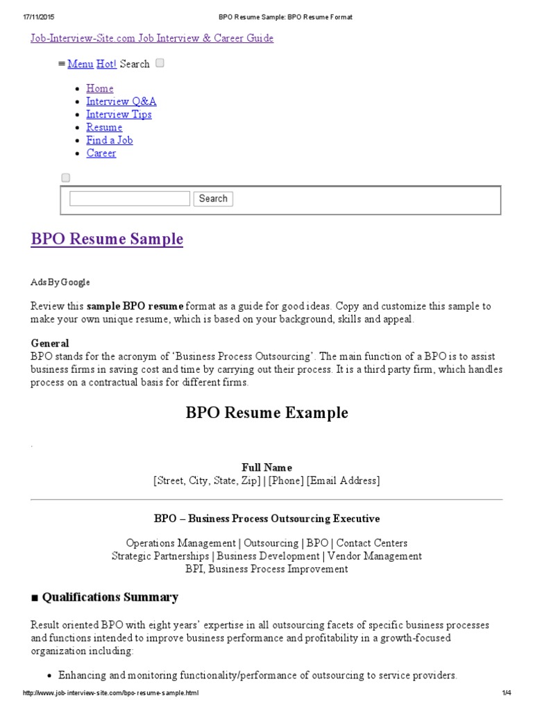 Experience Resume Format For Bpo