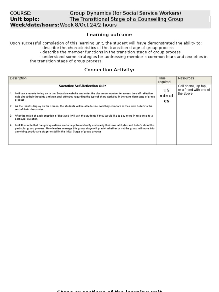 Transition Stage in Group Dynamics | PDF | Expert | Lesson Plan
