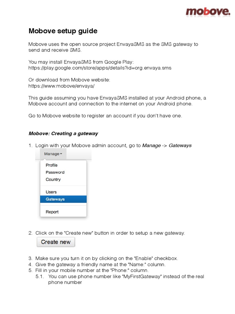 Mobove SMS Gateway Setup Guide | PDF | Computers