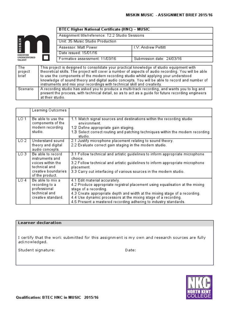 BTEC HNC Unit 35 Brief Music Studio Production | PDF | Microphone ...