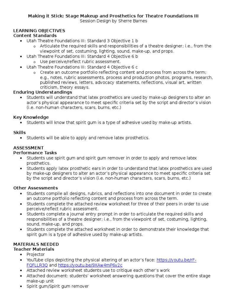 Tech Stage Makeup Lesson Plan | PDF | Adhesive | Educational Assessment