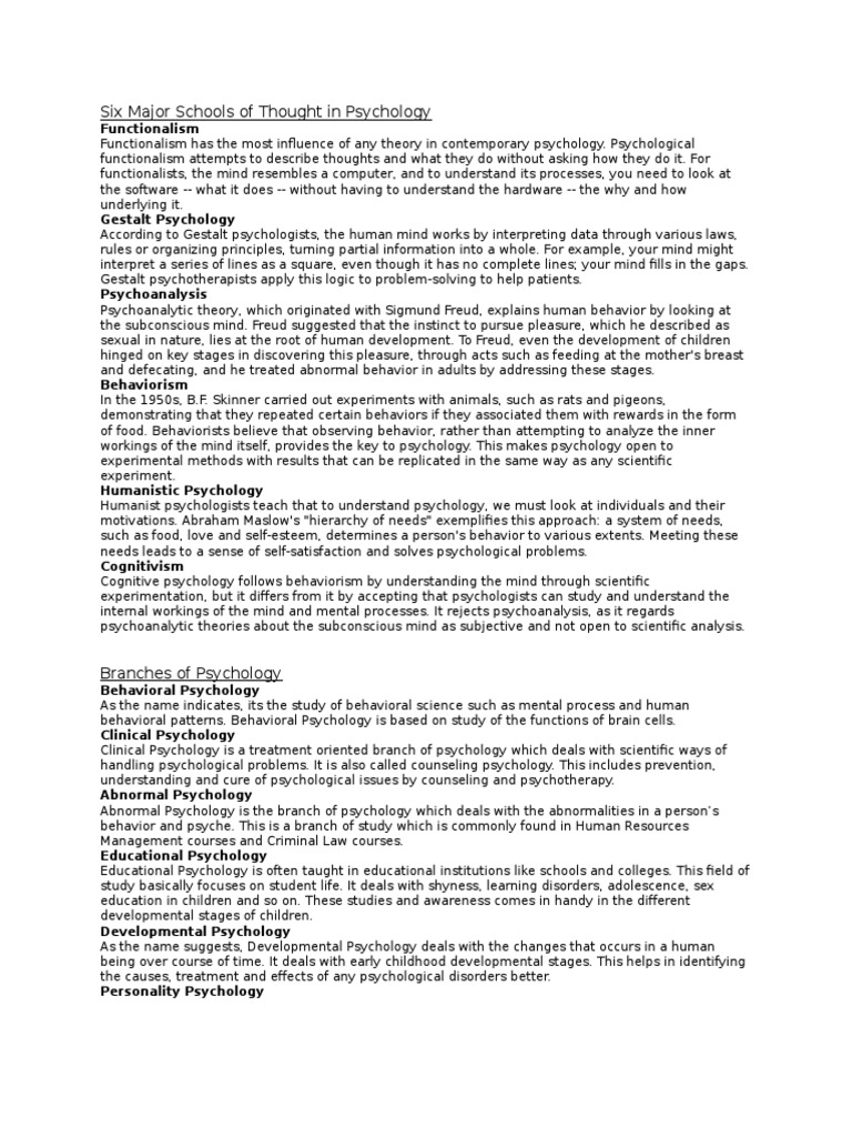 Six Major Schools of Thought in Psychology | PDF | Psychotherapy ...