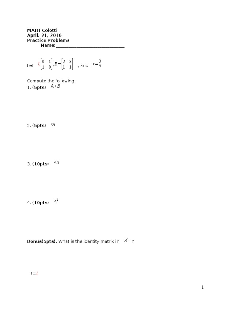 Matrix Operations Practice Problems | PDF | Teaching Methods & Materials