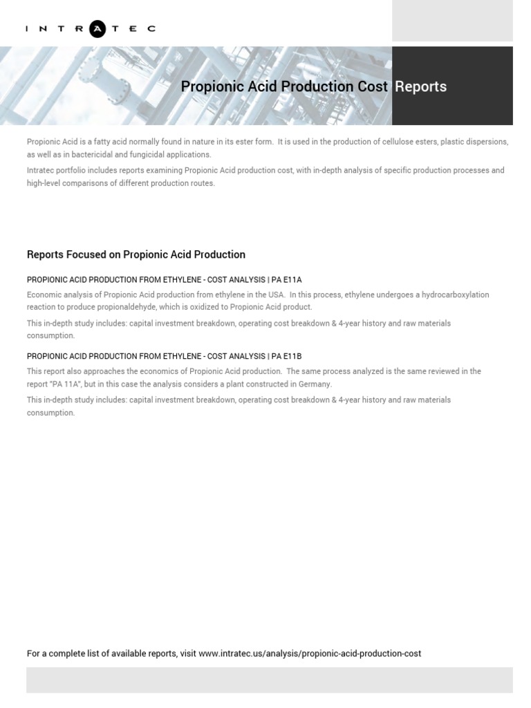 Propionic Acid Production Cost Analysis | PDF | Ethylene | Organic ...