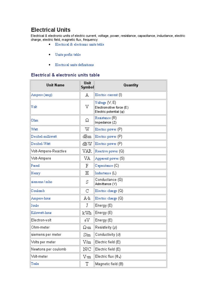 Electrical Units | PDF | Volt | Electricity