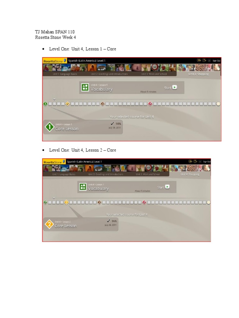 TJ Mahan SPAN 110 Rosetta Stone Week 4 Level One: Unit 4, Lesson 1 ...