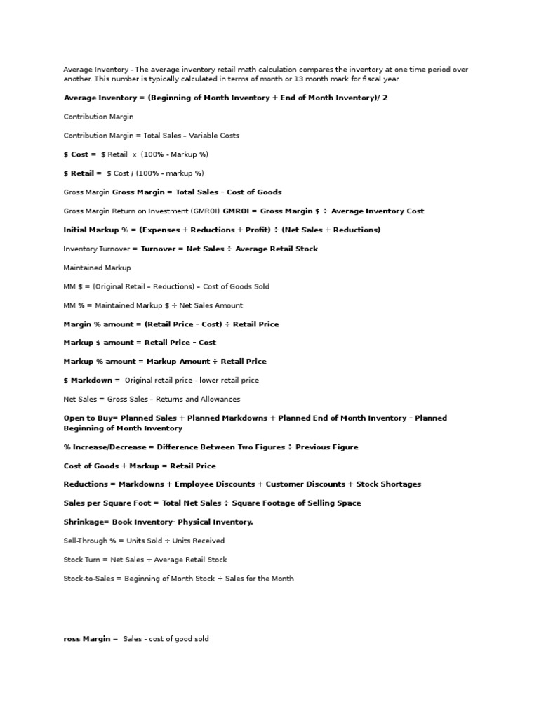 Retail Math Formulas | Download Free PDF | Gross Margin | Retail