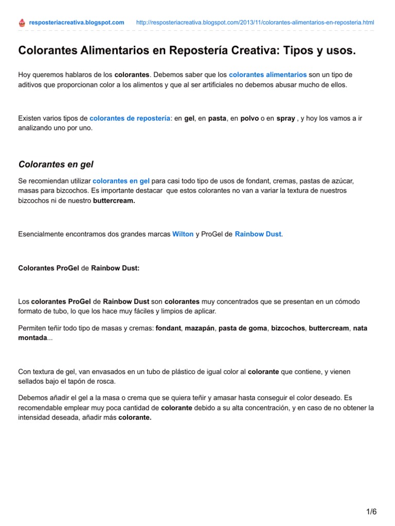 Colorantes Alimentarios En Repostería Tipos Y Usos Pdf