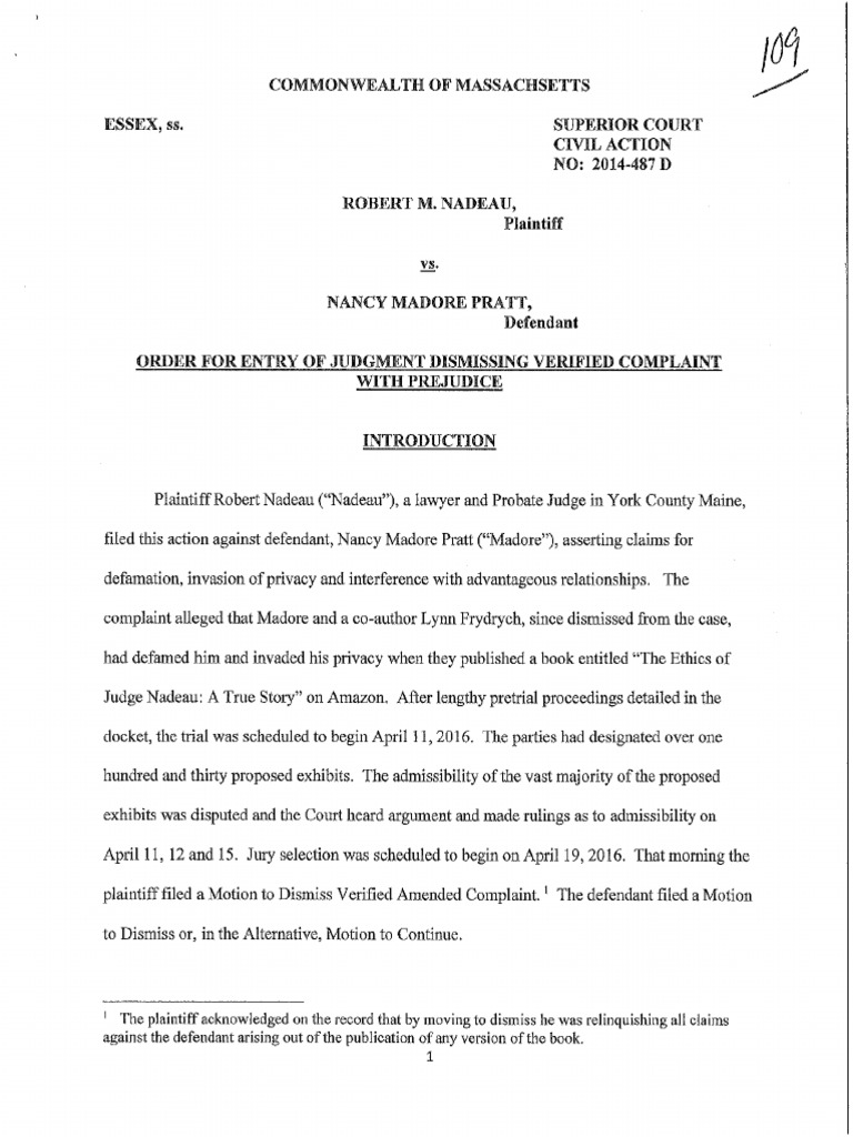 Order Dismissing Robert M.A. Nadeau's Defamation Case Against Nancy ...