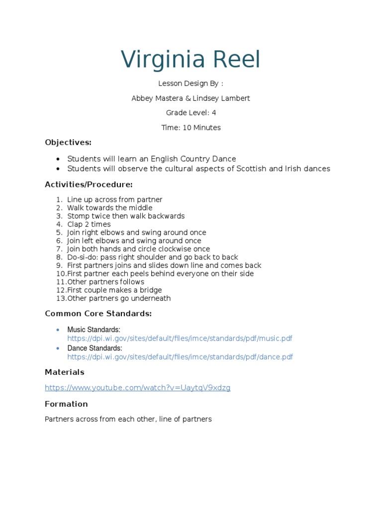 Virginia Reel Dance Lesson Plan | PDF