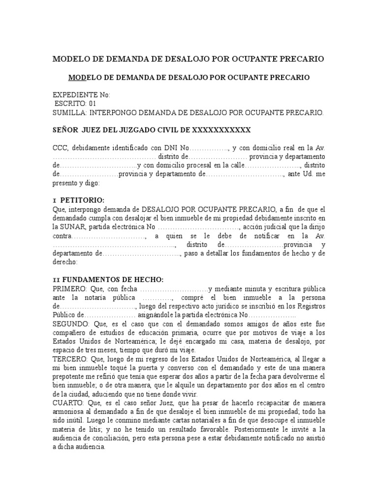 Modelo de Demanda de Desalojo Por Ocupante Precario | PDF | Demanda ...