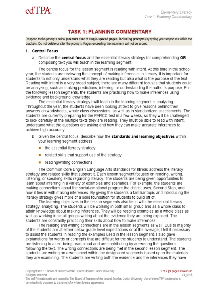 Task 1 Planning Commentary | PDF | Educational Assessment | Literacy