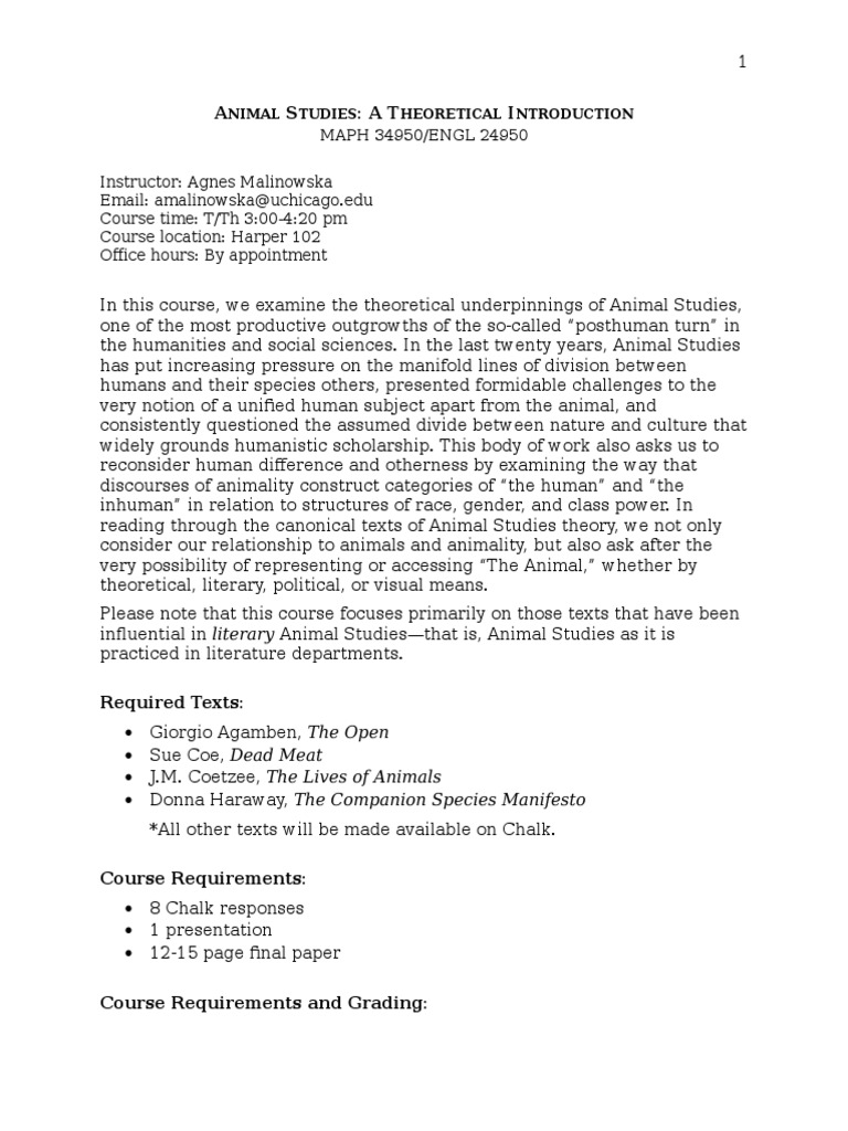 Syllabus - Animal Studies, A Theoretical Intro | PDF | Animal Studies ...
