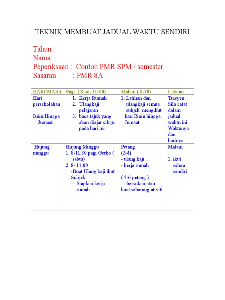 Contoh Jadual Waktu Belajar Dan Bersukan - TysonrilloNorton