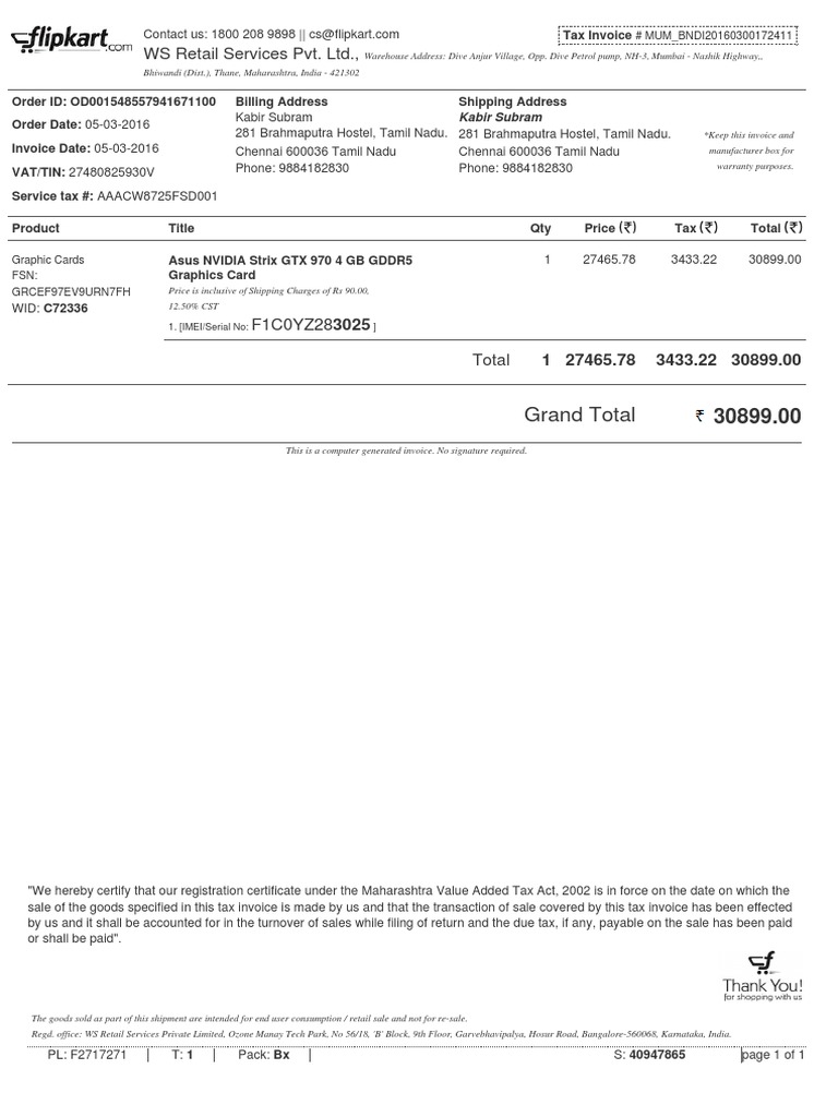Detailed Tax Invoice and Shipping Receipt for Purchase of Asus Graphics ...