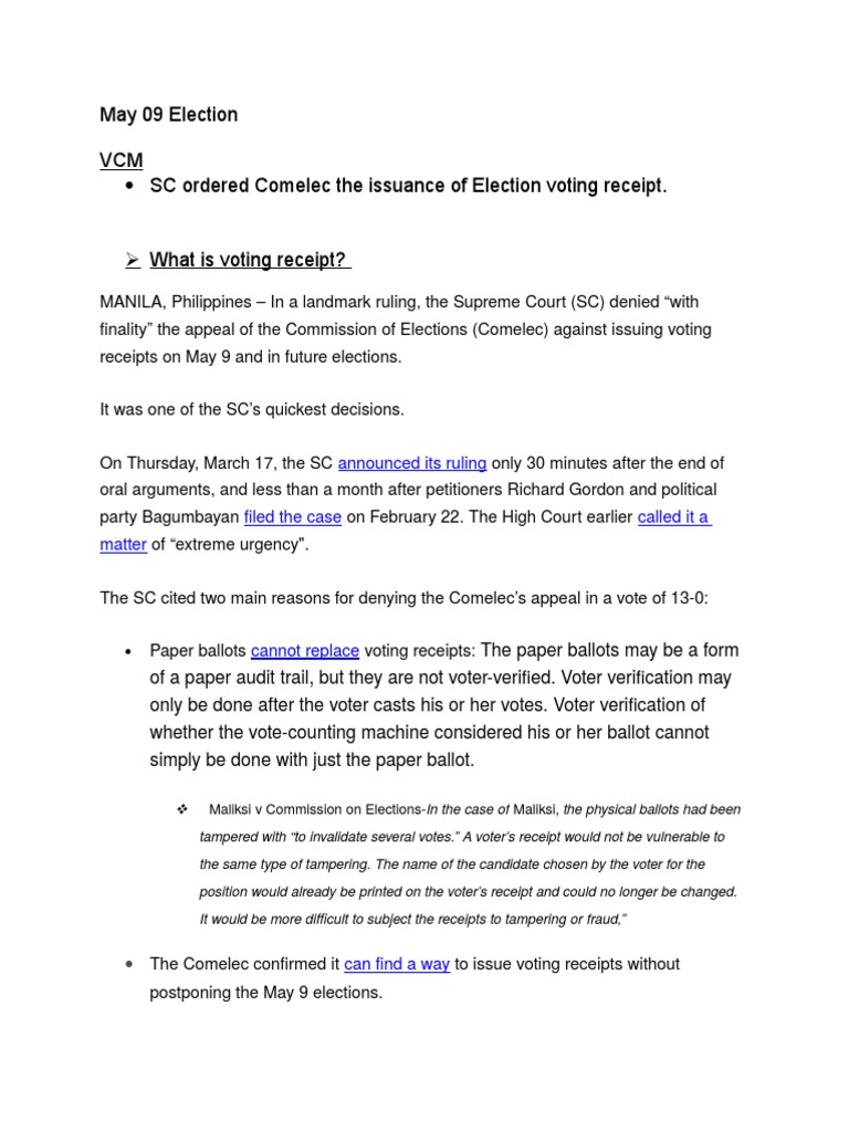 May 09 Election VCM SC Ordered Comelec The Issuance of Election Voting ...