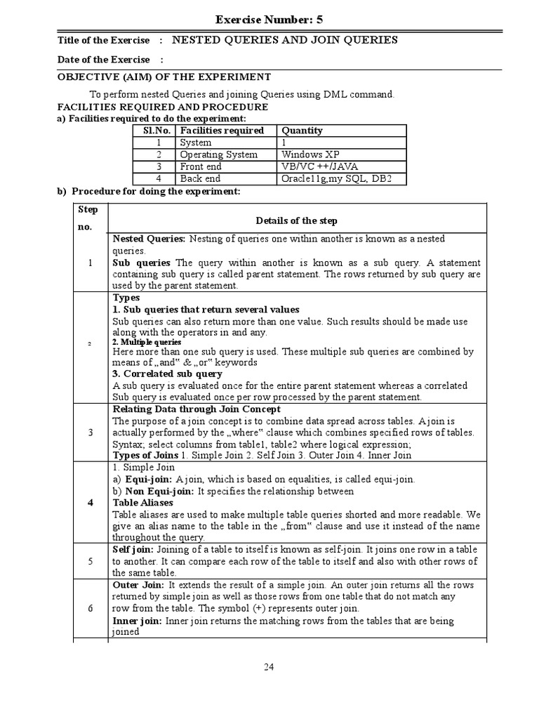 Nested Queries and Join Queries: Facilities Required and Procedure A ...