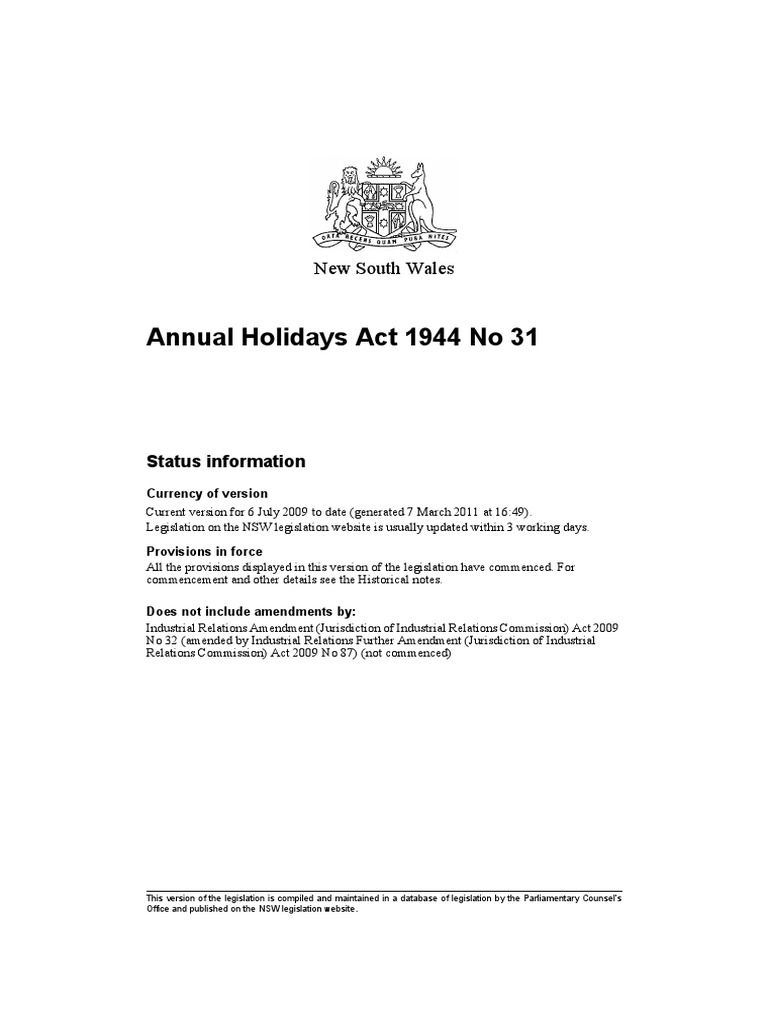 Annual Holidays Act 1944 | PDF | Overtime | Employment