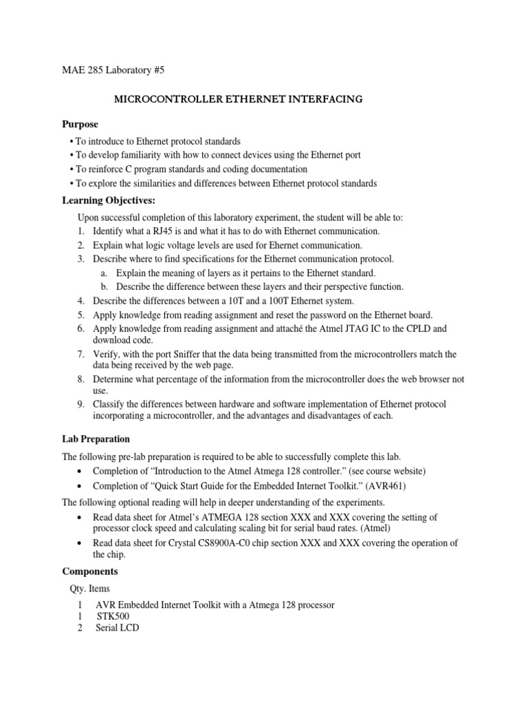 Microcontroller Ethernet Interfacing Purpose: MAE 285 Laboratory #5 | PDF | File Transfer ...