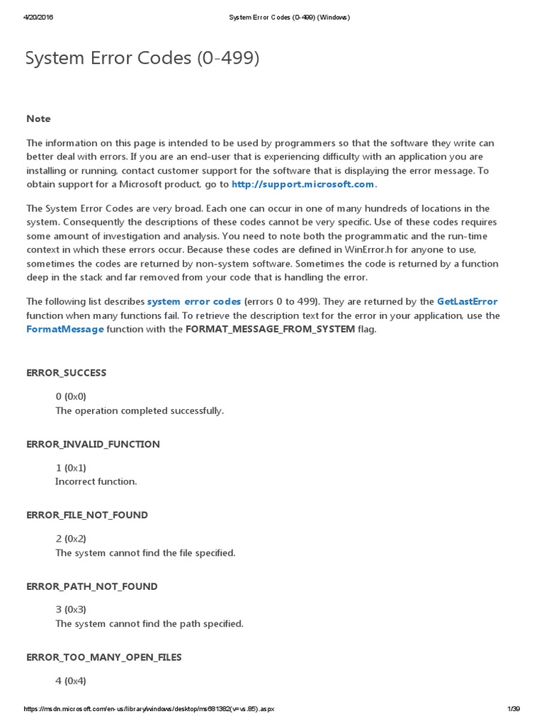 System Error Codes (0-499) (Windows) | PDF | Computer File | Computer ...