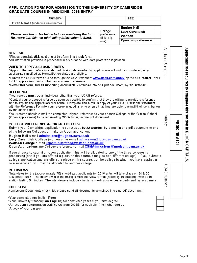 Cambridge Graduate Medicine Application Form | PDF | Gce Advanced Level ...