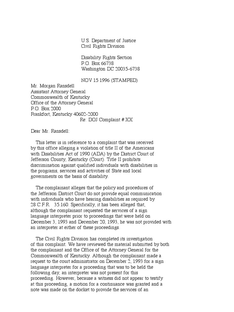 US Department of Justice Civil Rights Division - Letter - Lofc77 | PDF ...