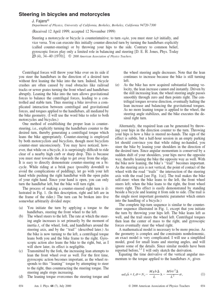 Steering A Motorcycle or Bicycle | PDF | Rotation Around A Fixed Axis ...