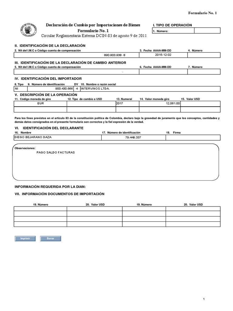 Formulario 1 - Banco de La Republica PDF | PDF