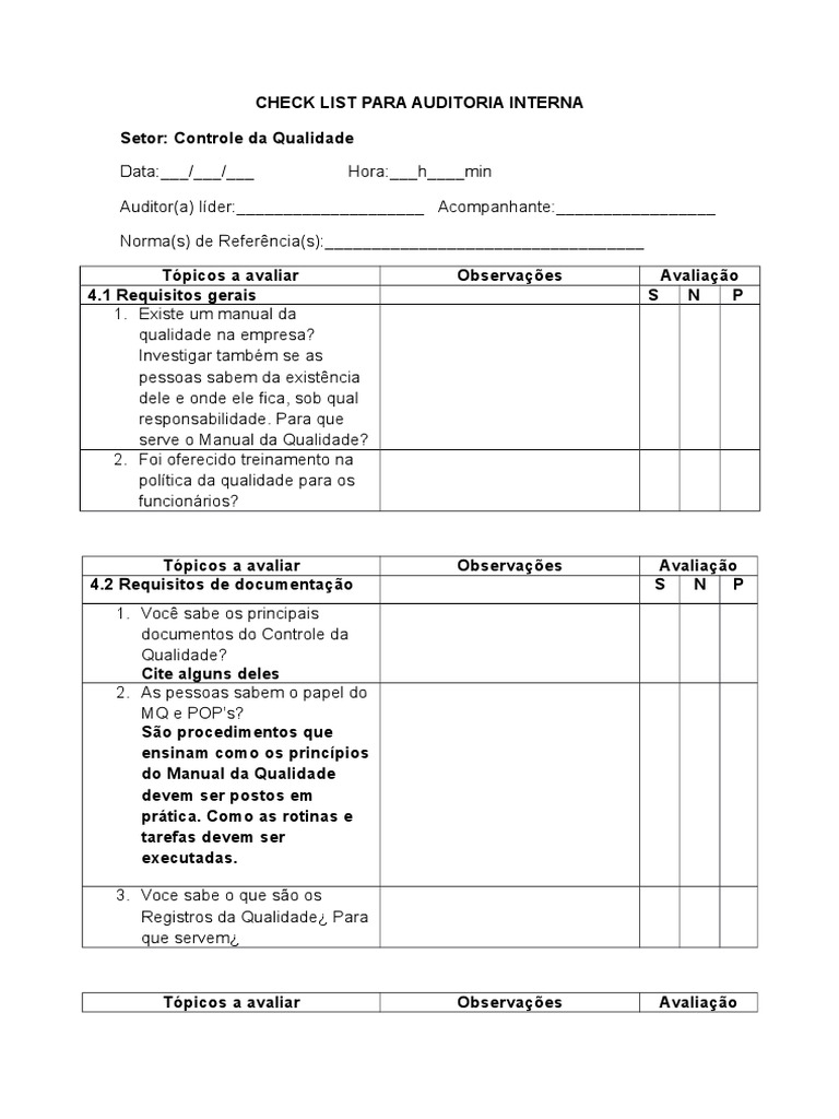 Check List Auditoria Interna | PDF | Auditoria interna | Qualidade ...