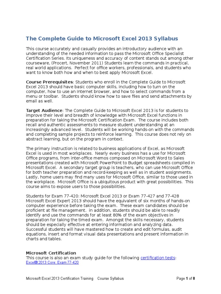 The Complete Guide To Microsoft Excel 2013 Syllabus | PDF | Microsoft ...
