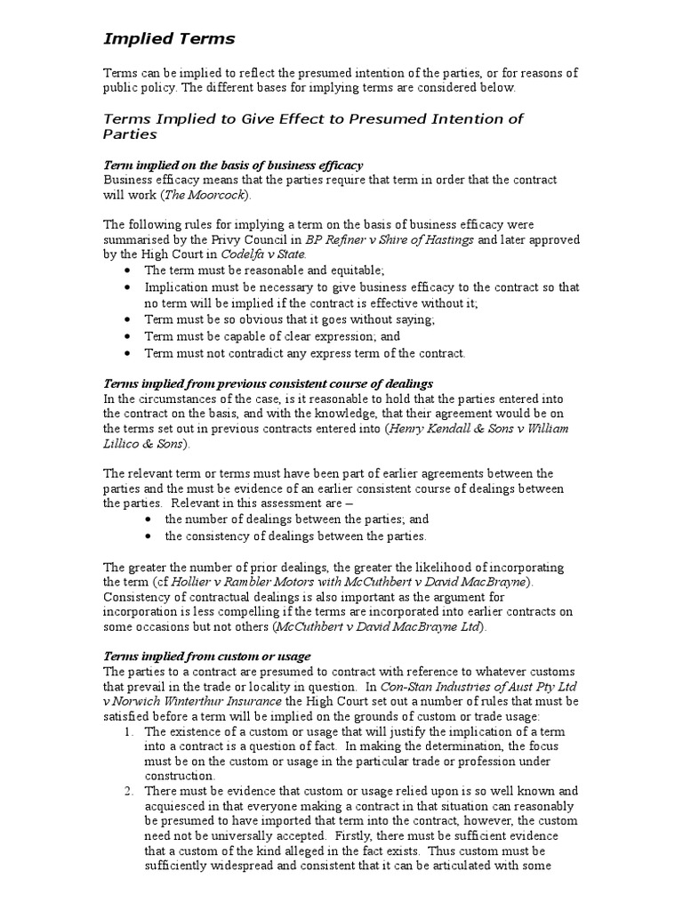 Implied Terms | PDF | Contractual Term | Common Law