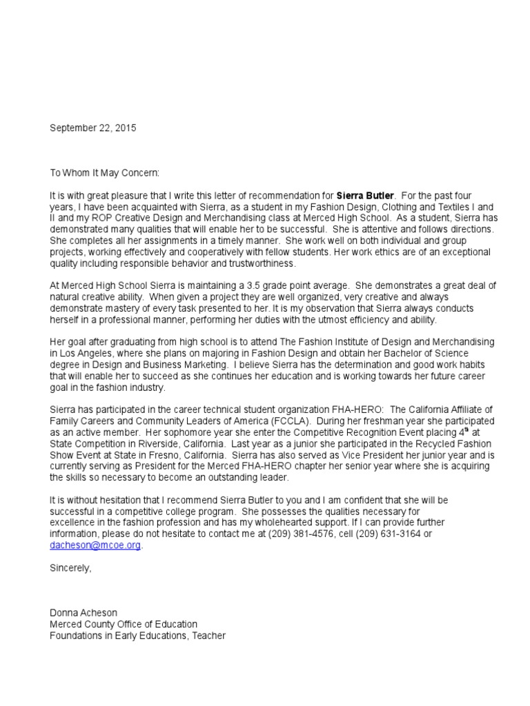 Letter of Recommendation For Sierra Butler | PDF | Fashion | Secondary ...