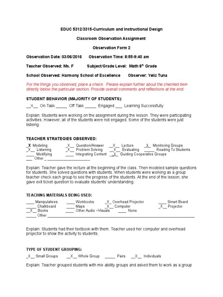 8th Grade Math Classroom Observation Report | PDF | Lecture | Teachers