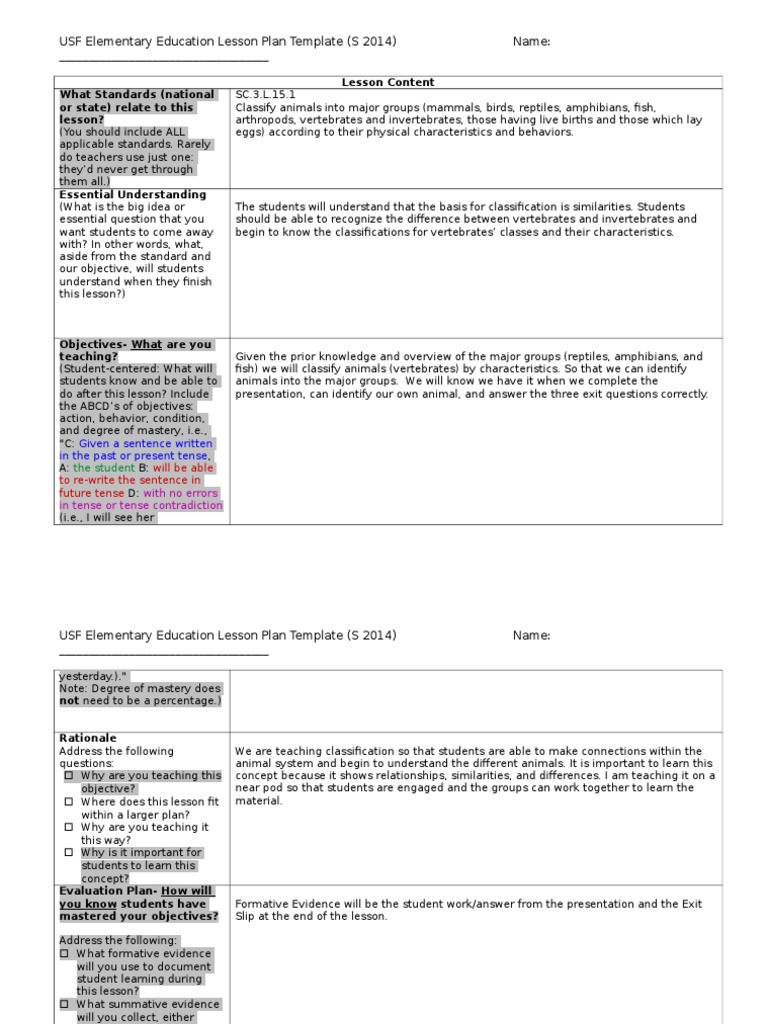 Animal Classification Lesson Plan | PDF | Lesson Plan | Quality Of Life