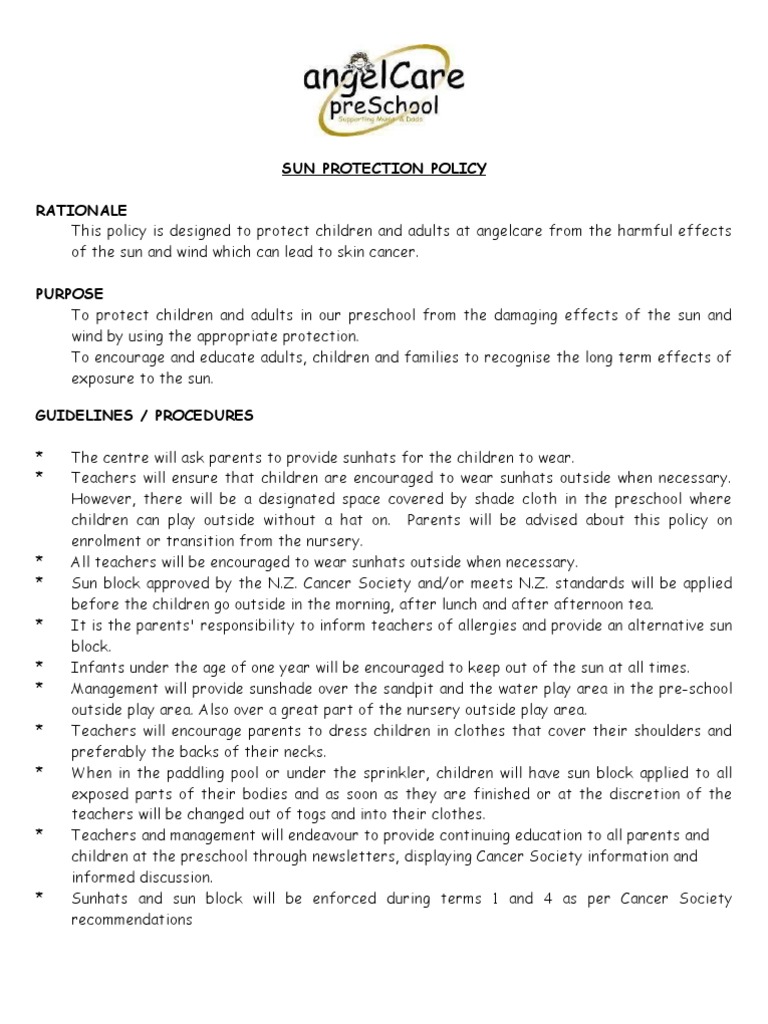 Sun Protection Policy | PDF | Preschool | Social Institutions