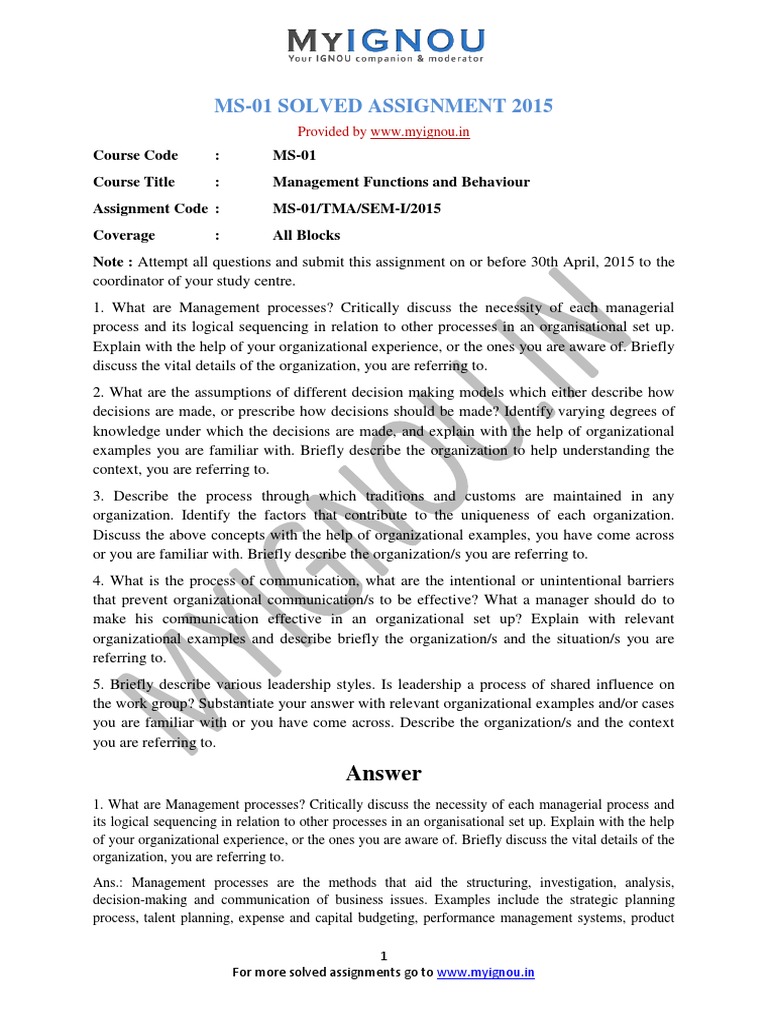 Ms-01 Solved Assignment 2015: Answer | PDF | Leadership | Organizational Behavior