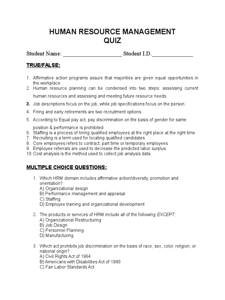 Human Resource Management Quiz: Student Name: - Student I.D. | PDF ...