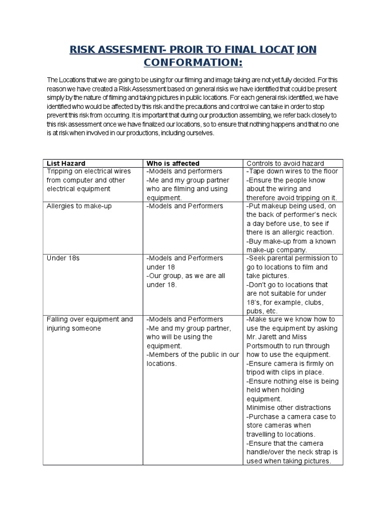 Risk Assessment for Filming Locations | PDF