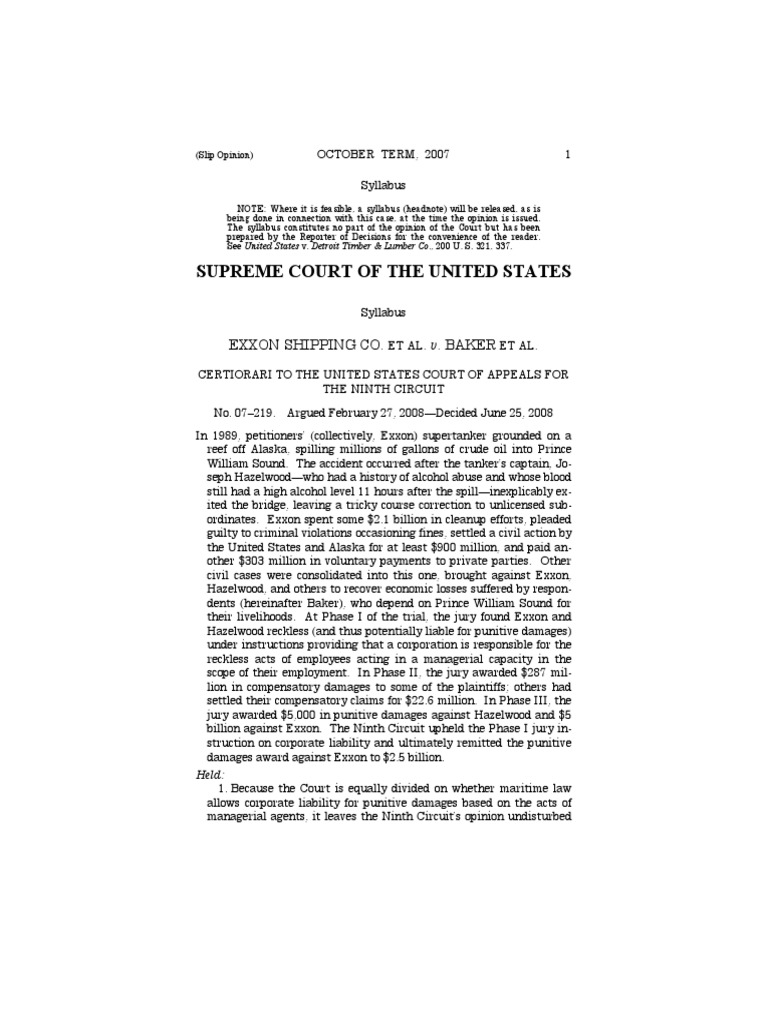 Exxon Shipping Co. v. Baker, 128 S. Ct. 2605 (2008) | PDF | Punitive Damages | Damages