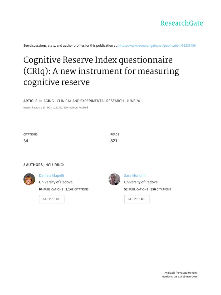 Cognitive Reserve Index Questionnaire PDF | PDF | Cognition | Neuroscience